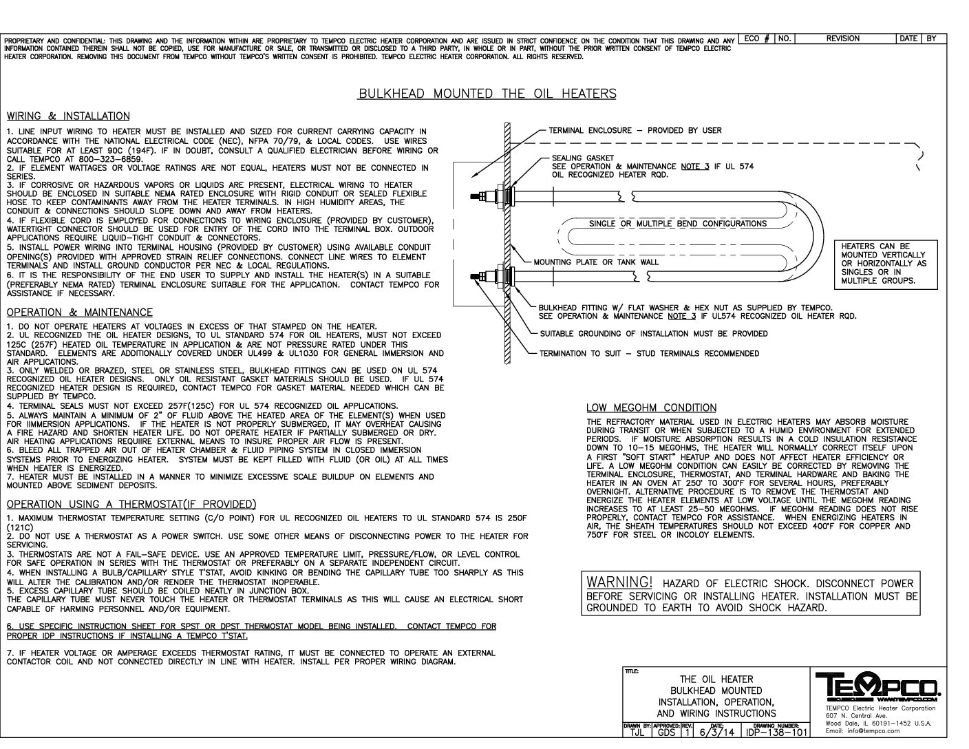 Bulkhead Mounted Tubular Oil Heater (THE) Operating Instructions - Tempco